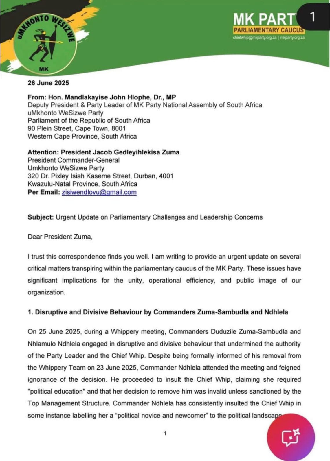 MK Party Leadership Clash: Hlophe Calls Out Disrespect by Spokesperson, Zuma’s Daughter ...